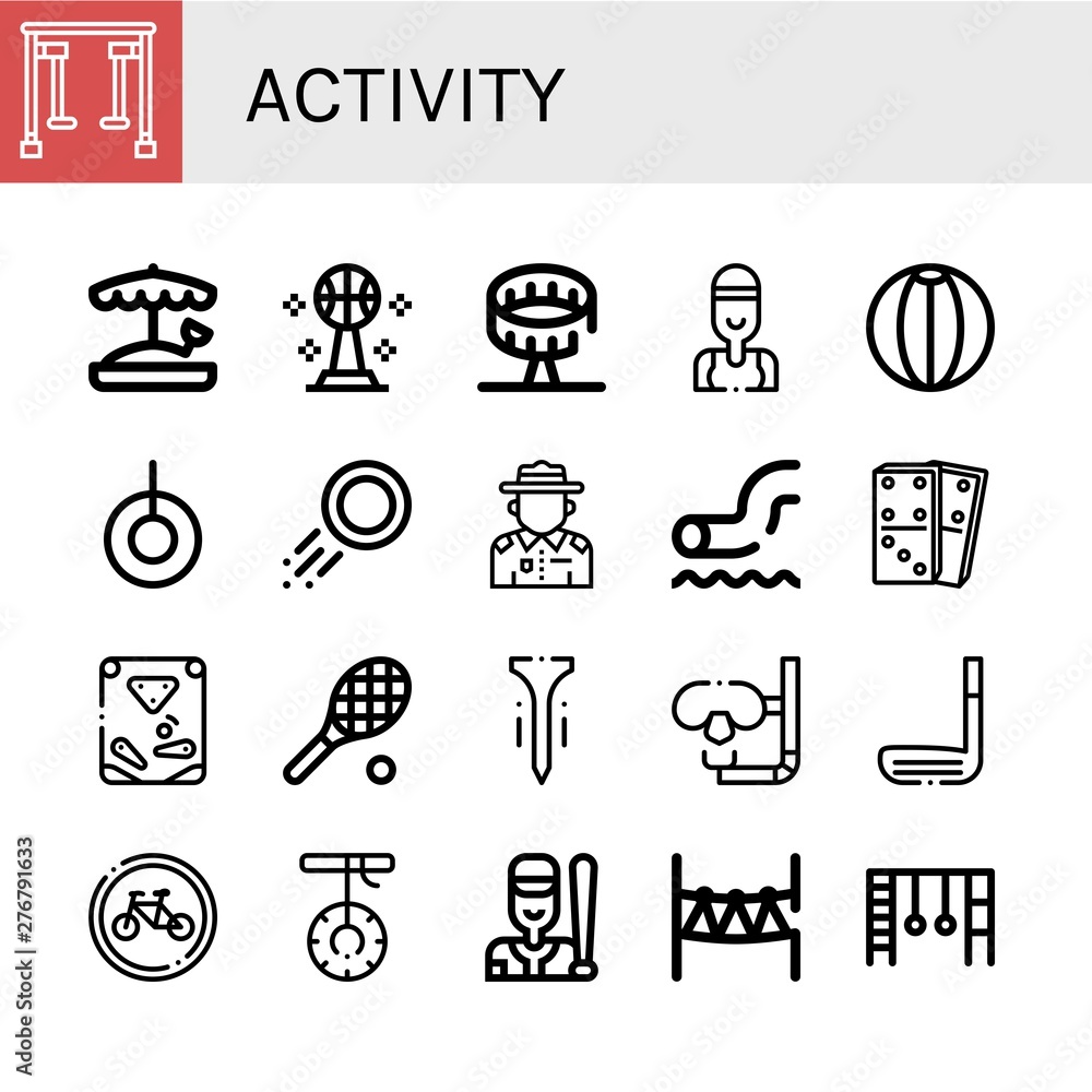 Set of activity icons such as Gym equipment, Sandbox, Basketball, Round ...