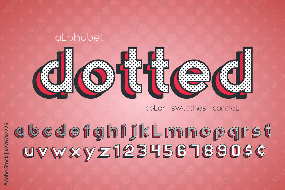 Font dotted design, alphabet, letters and numbers. Swatch color control ...