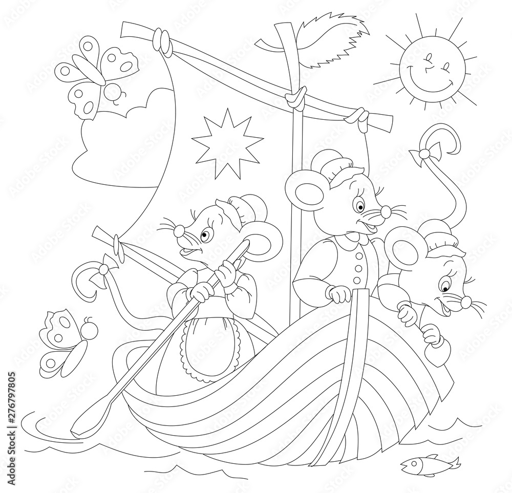 Black and white page for baby coloring book. Drawing of three cute mice ...