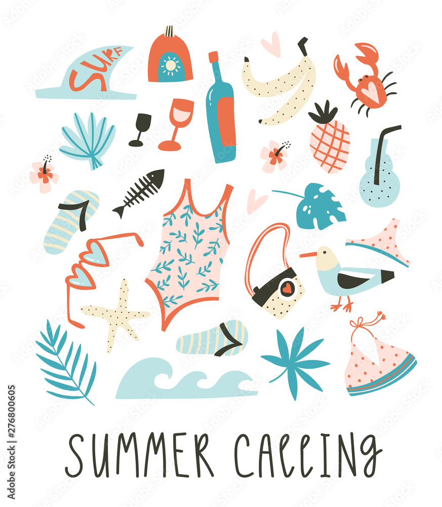 Cute summer poster with text - Summer calling. Set of summer things on ...
