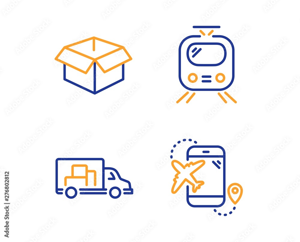 Train, Truck transport and Opened box icons simple set. Flight ...