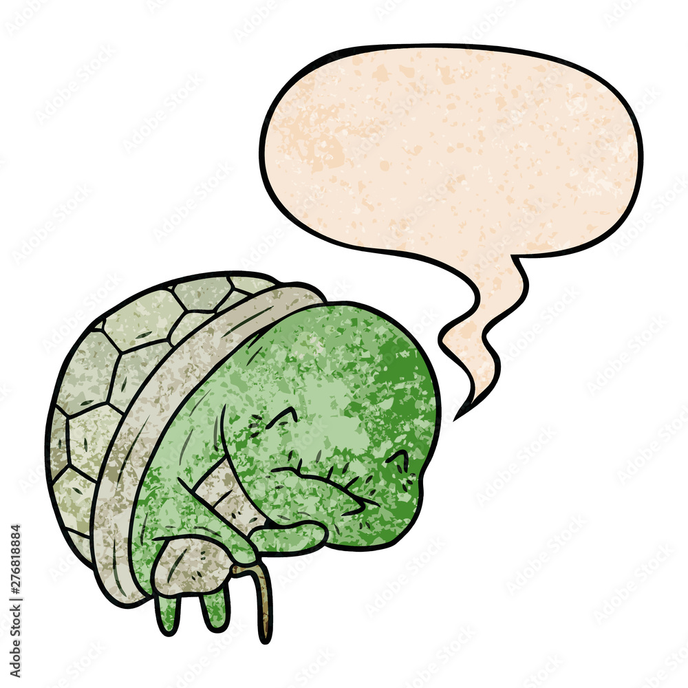 cute cartoon old turtle and walking stick and speech bubble in retro ...