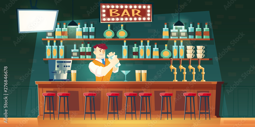 Barman in bar mixing cocktails in shaker on wooden counter with alcohol ...