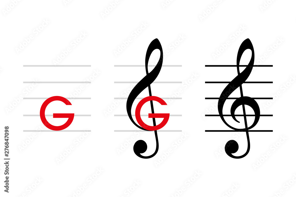 Vettoriale Stock G-clef development, note G4, on the line that passes ...