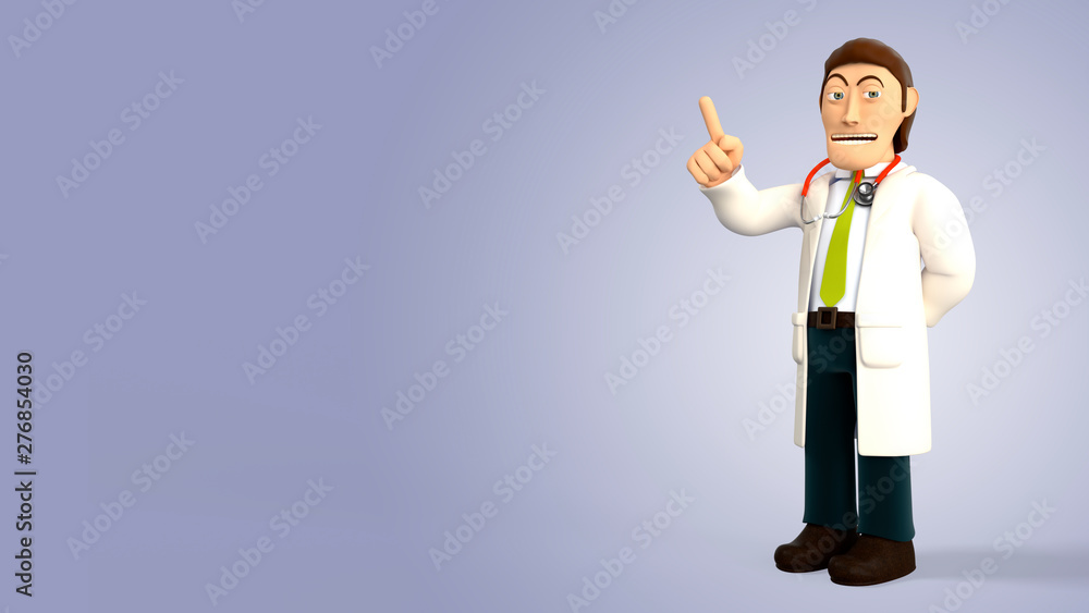 Cartoon 3d doctor with a stethoscope smiling and pointing his right ...
