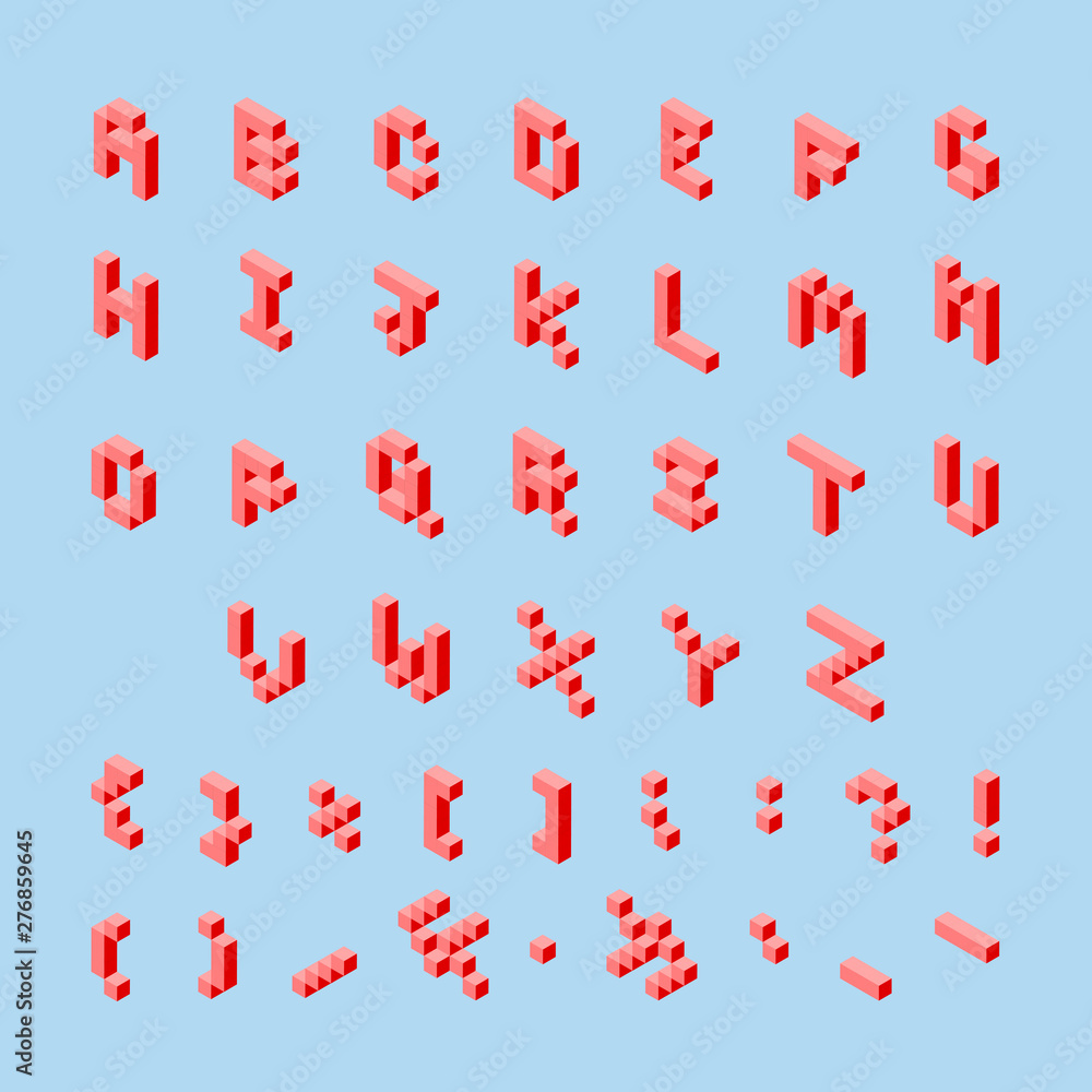 3 d pixel art set of punctuation marks and alphabet in isometric left ...