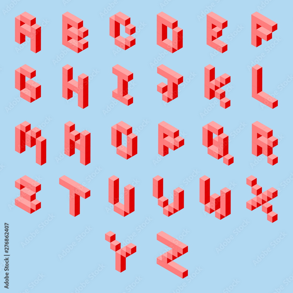 3D isometric alphabet in the style of pixel art pink and red on a light ...