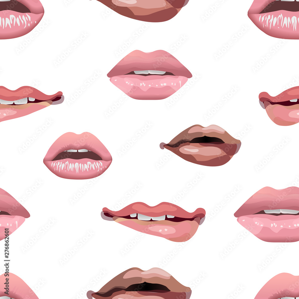 Seamless pattern of female pink attractive lips. Lips with slightly ...