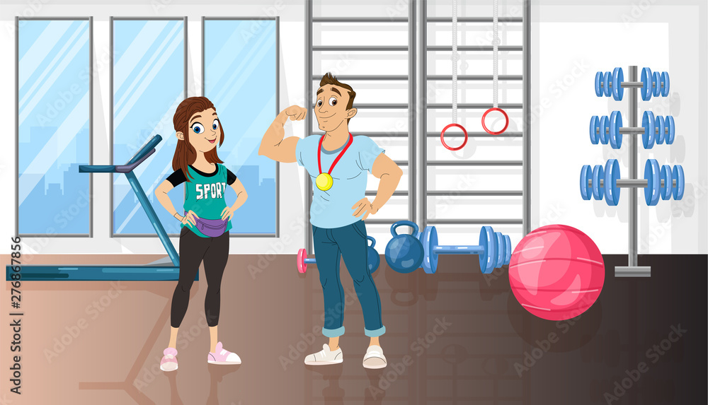 Man and woman in a sport gym Vector cartoon characters. Healthy ...
