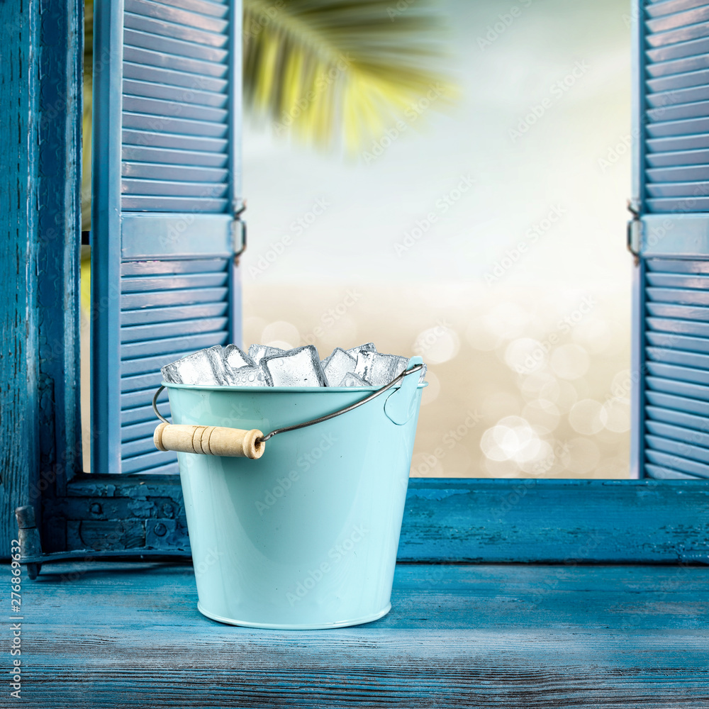 Ice cubes in metal containe and summer window sill background of free ...