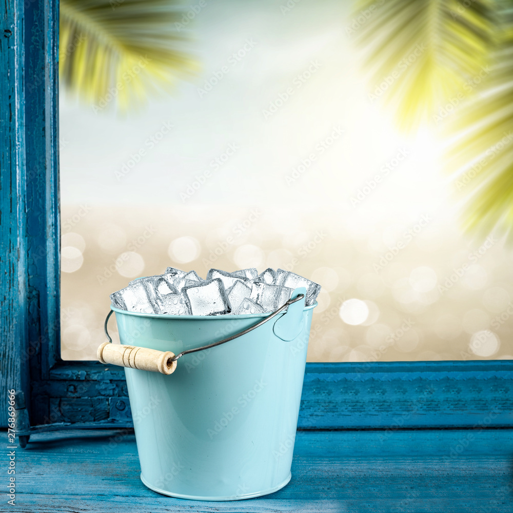 Ice cubes in metal containe and summer window sill background of free ...