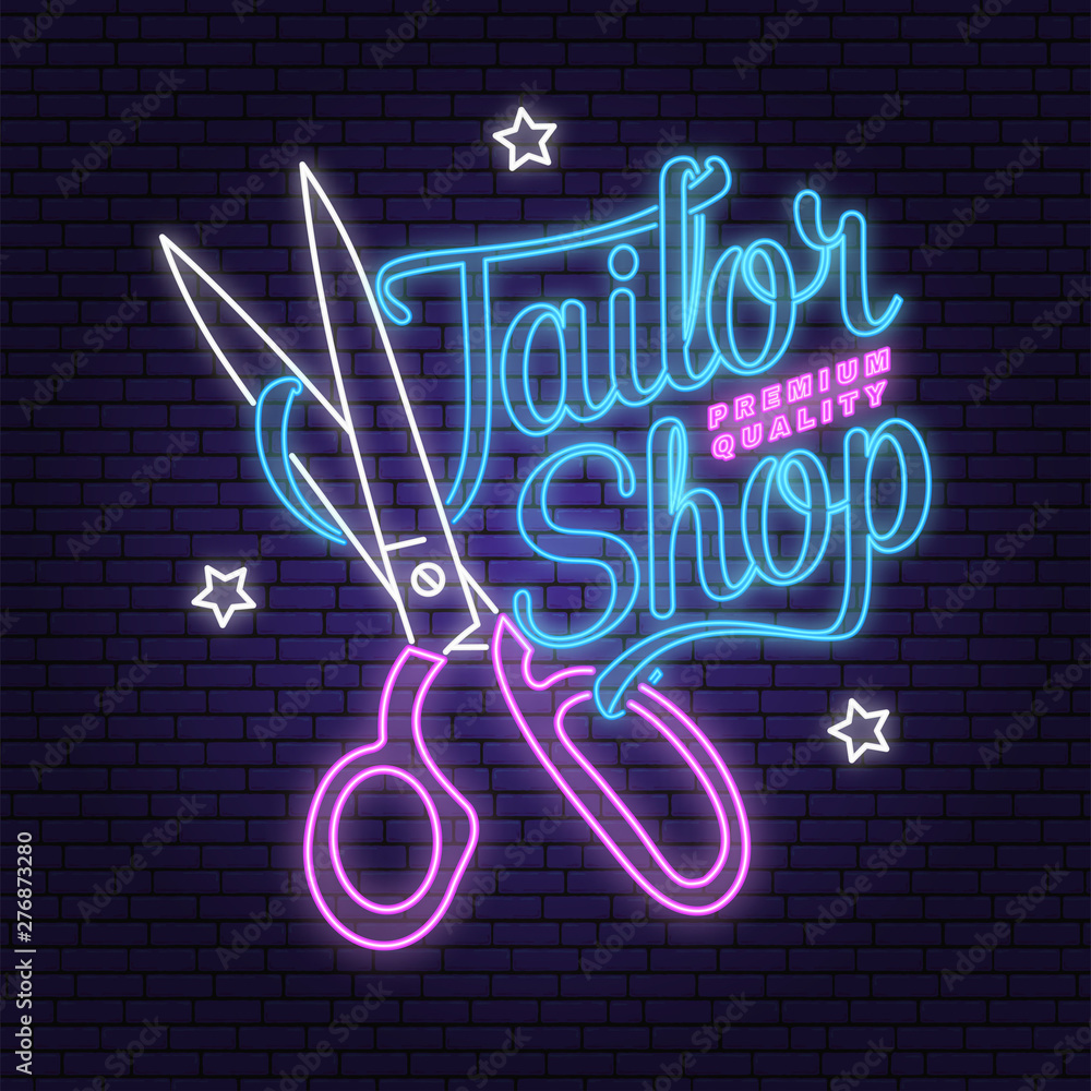 Tailor shop neon design or emblem. Vector. Typography design with ...