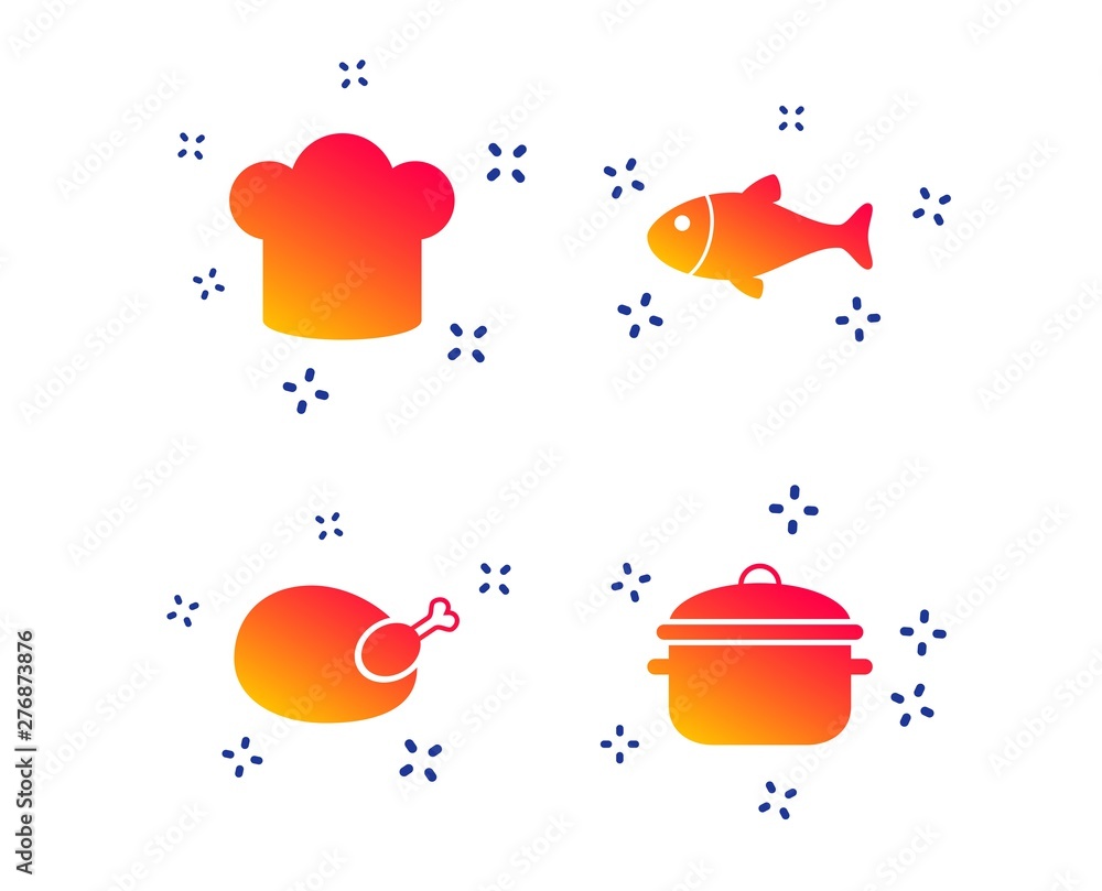 Chief hat and cooking pan icons. Fish and chicken signs. Boil or stew ...