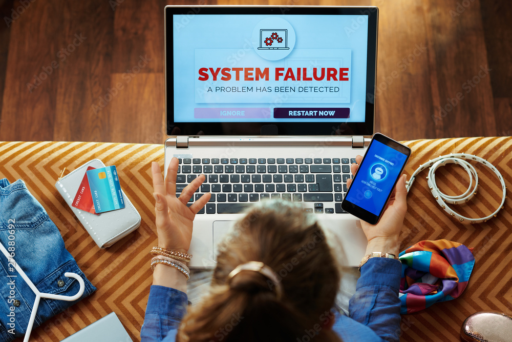 woman having data failure on pc and calling voice tech service Stock ...