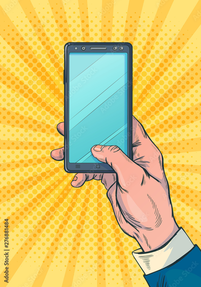 Man's hand with a smartphone. Highly detailed, hand-drawn, vector ...