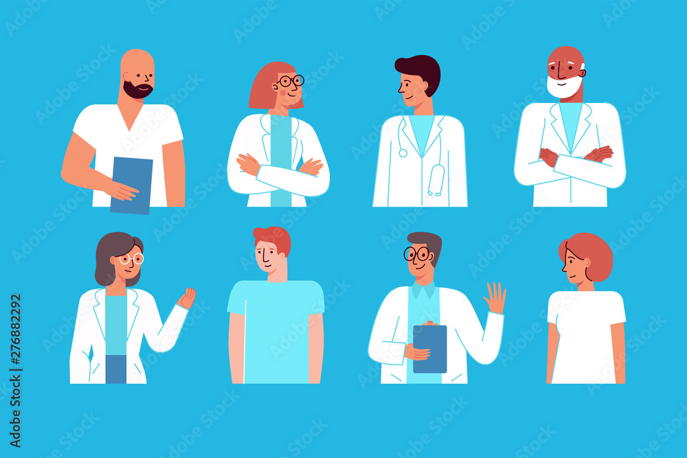 Vector illustration in flat linear style with characters - medical team ...