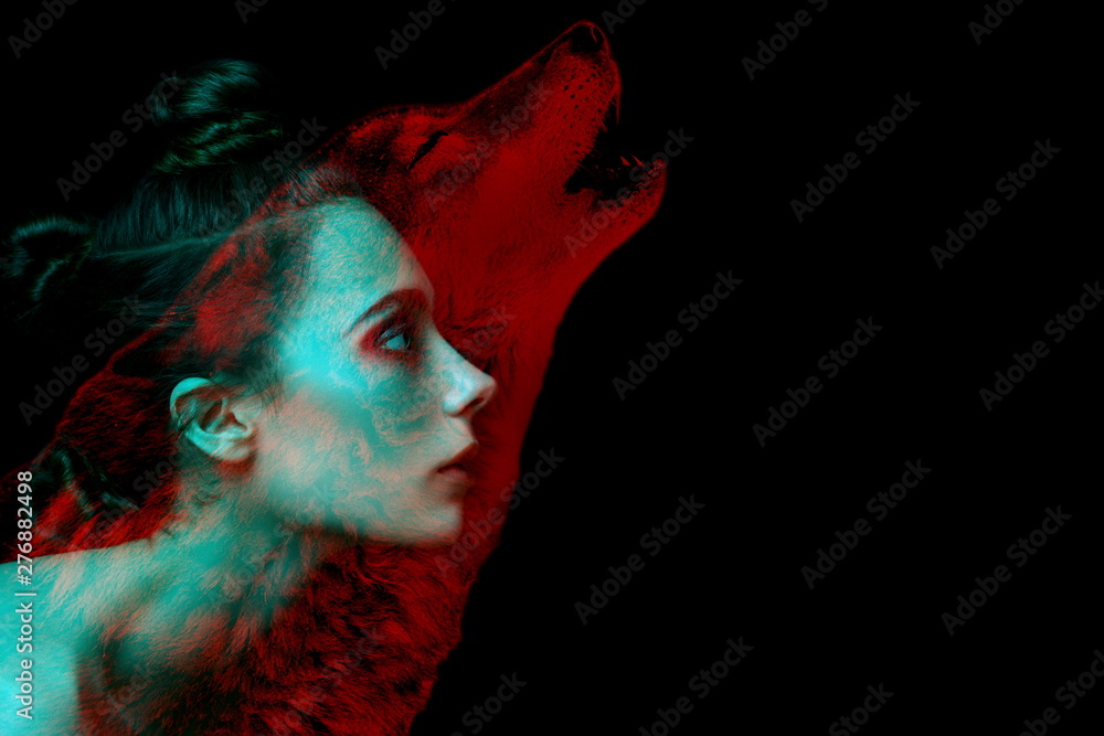 Gothic girl and wolf double exposure on black background. Werewolf ...