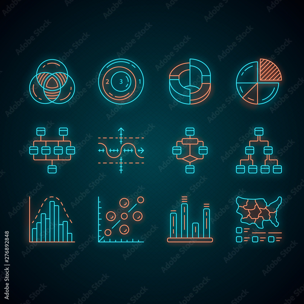 Diagrams neon light icons set. Schematic representation of info ...