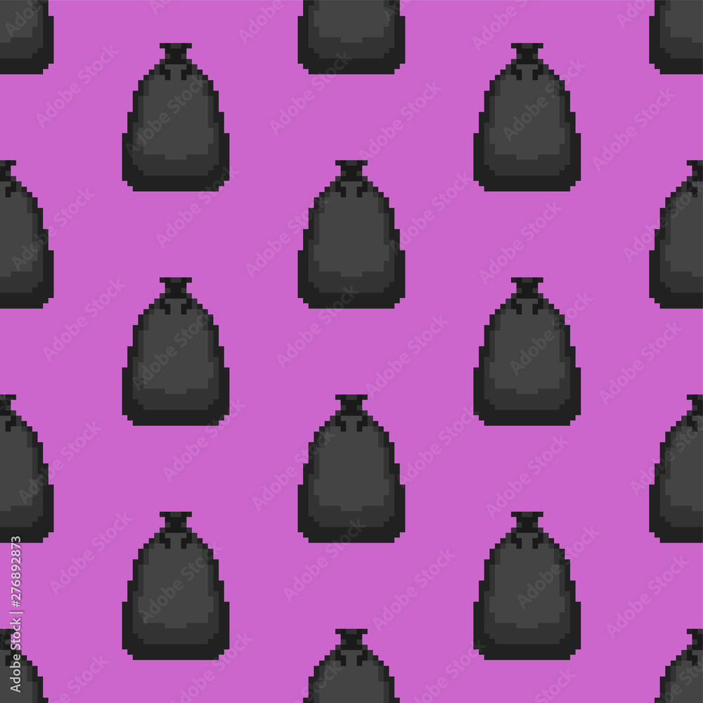 Garbage bag pixel art pattern seamless. rubbish black sack 8 bit ...