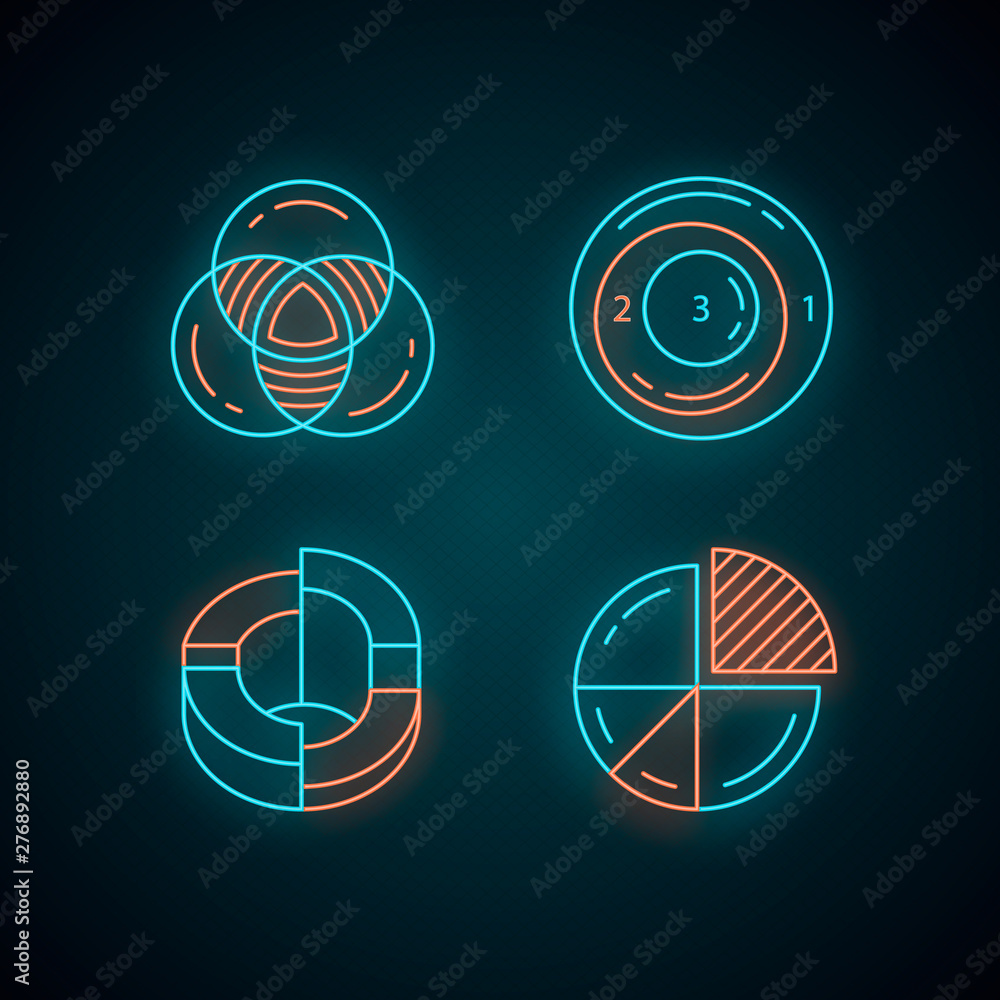 Diagrams neon light icons set. Data graphic visualization. Statistical ...