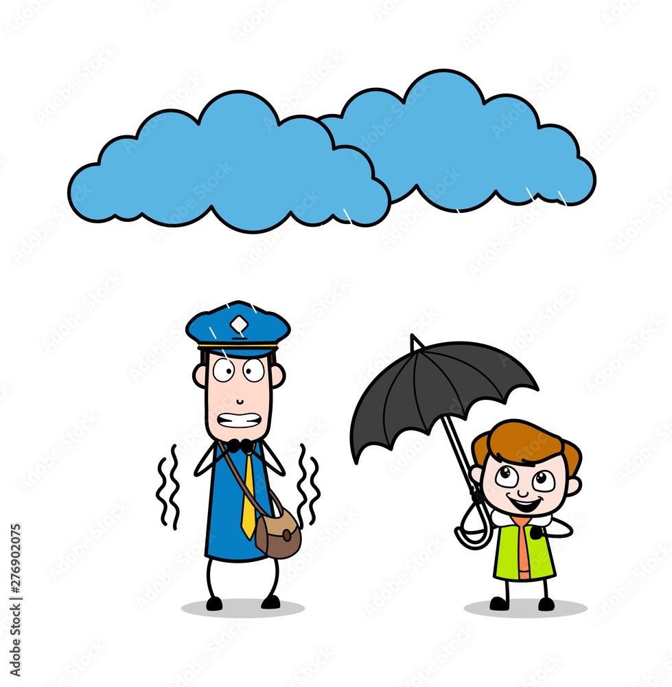 Postman Shivering in Rain and Kid Standing Under the Umbrella - Retro ...