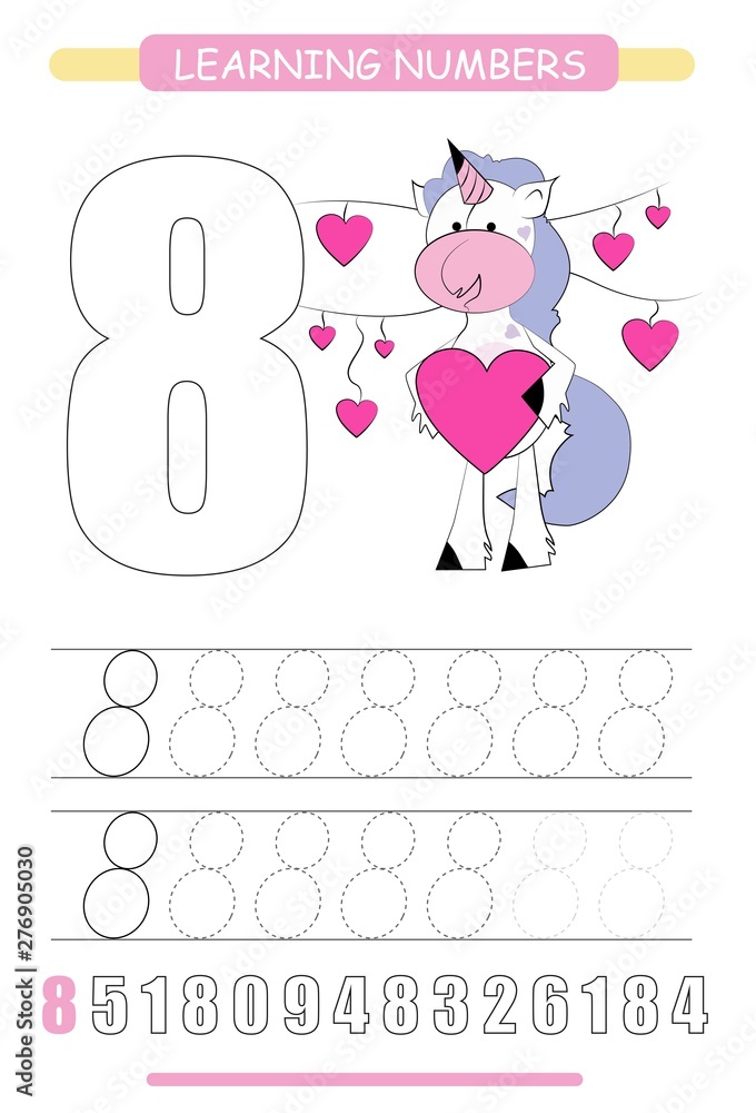 Funny children flashcard number eight. Unicorn with hearts learning to ...