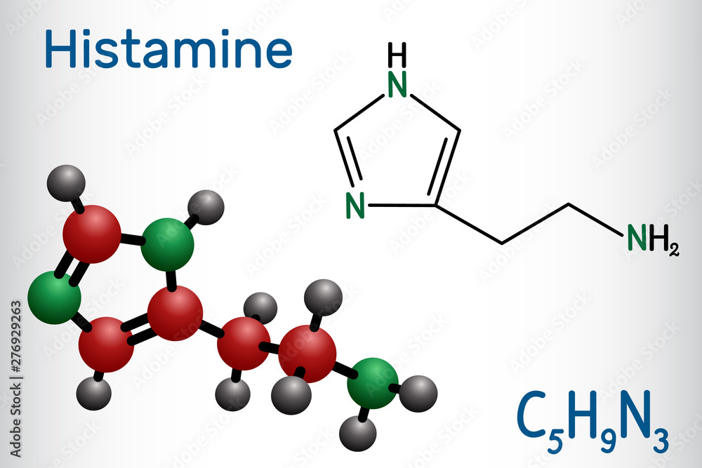 Histamine molecule. It is amine, nitrogenous compound, stimulant of ...