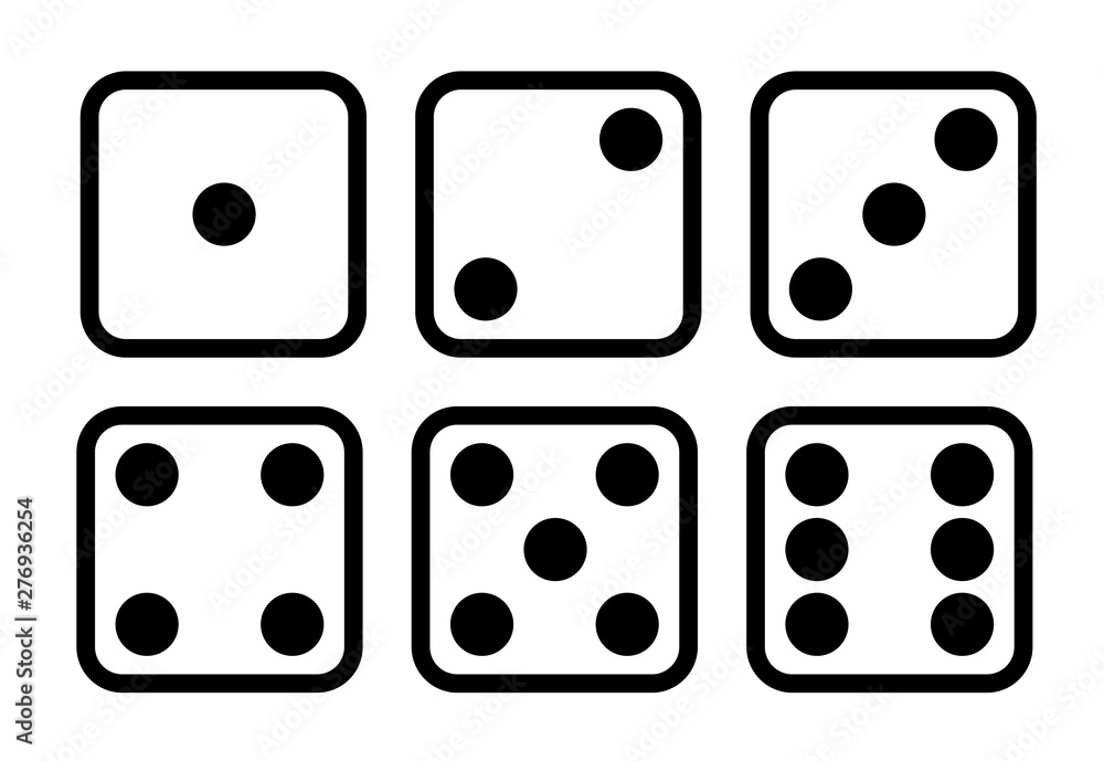 Dice cartoon icons set. Traditional die with six faces of cube marked with different numbers of ...