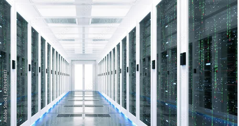 3D Render of Fly Through Rack Servers in Data Center. Digitalization of ...