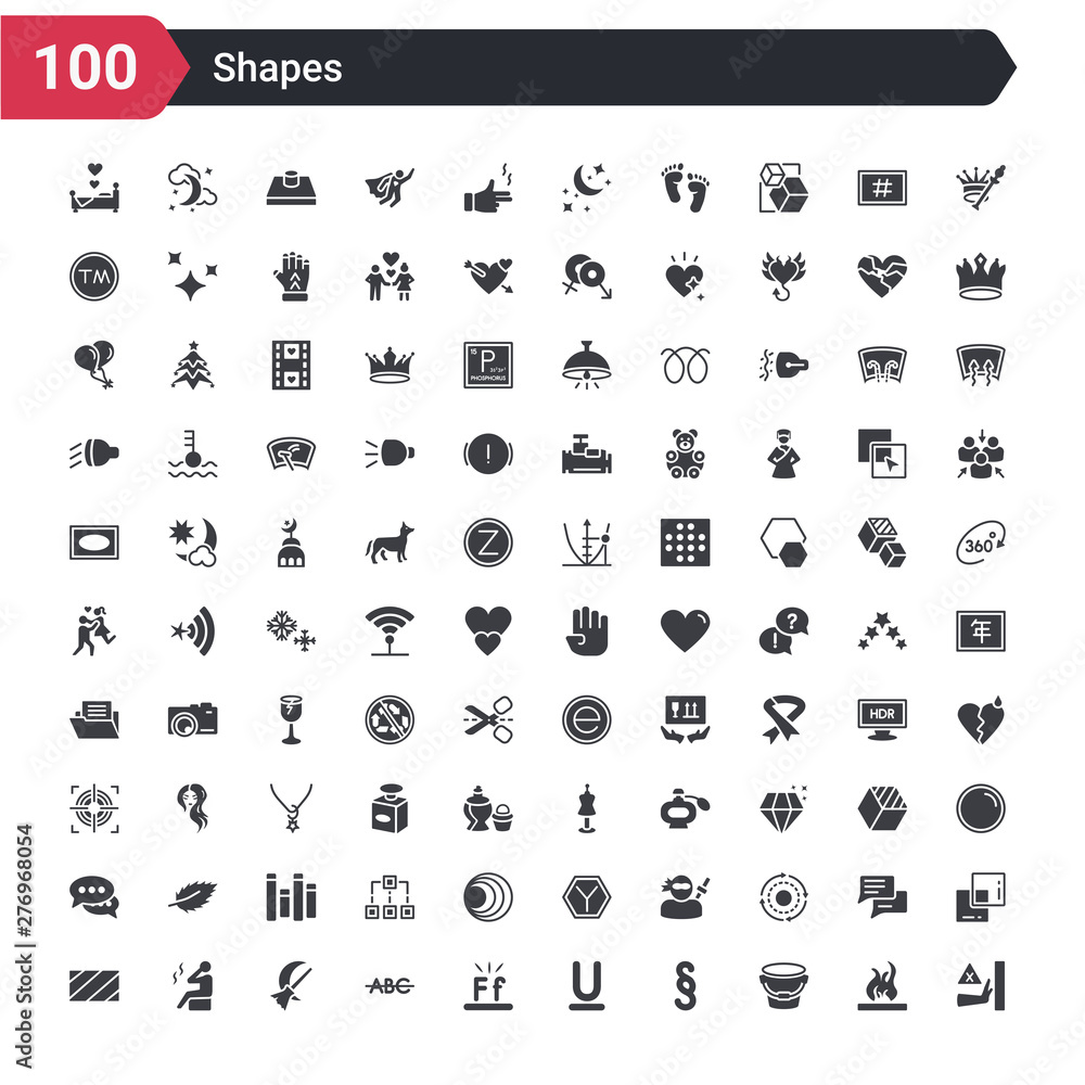 100 shapes icons set such as no push, empty bucket, paragraph ...