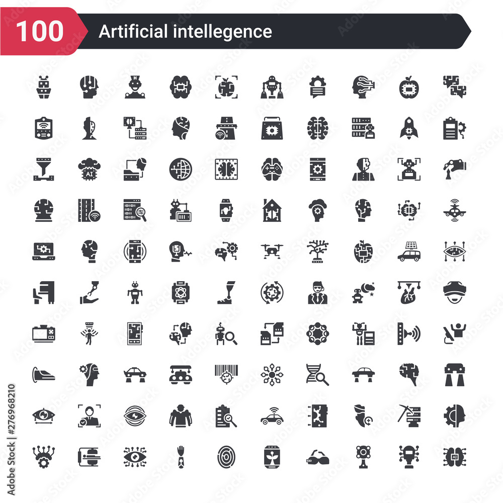 100 artificial intellegence icons set such as ai brain, ar camera, ar ...