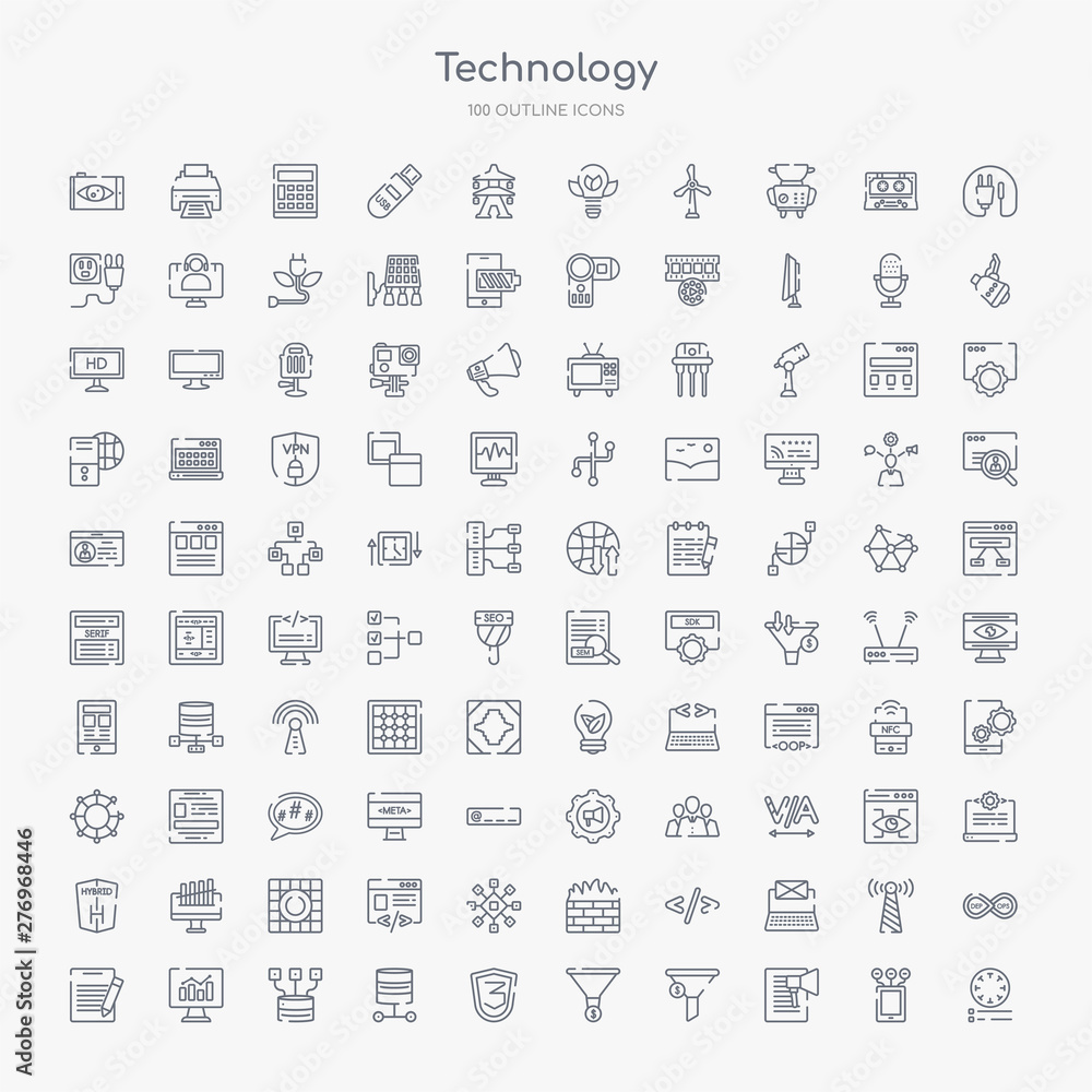 100 technology outline icons set such as colory theory, content ...