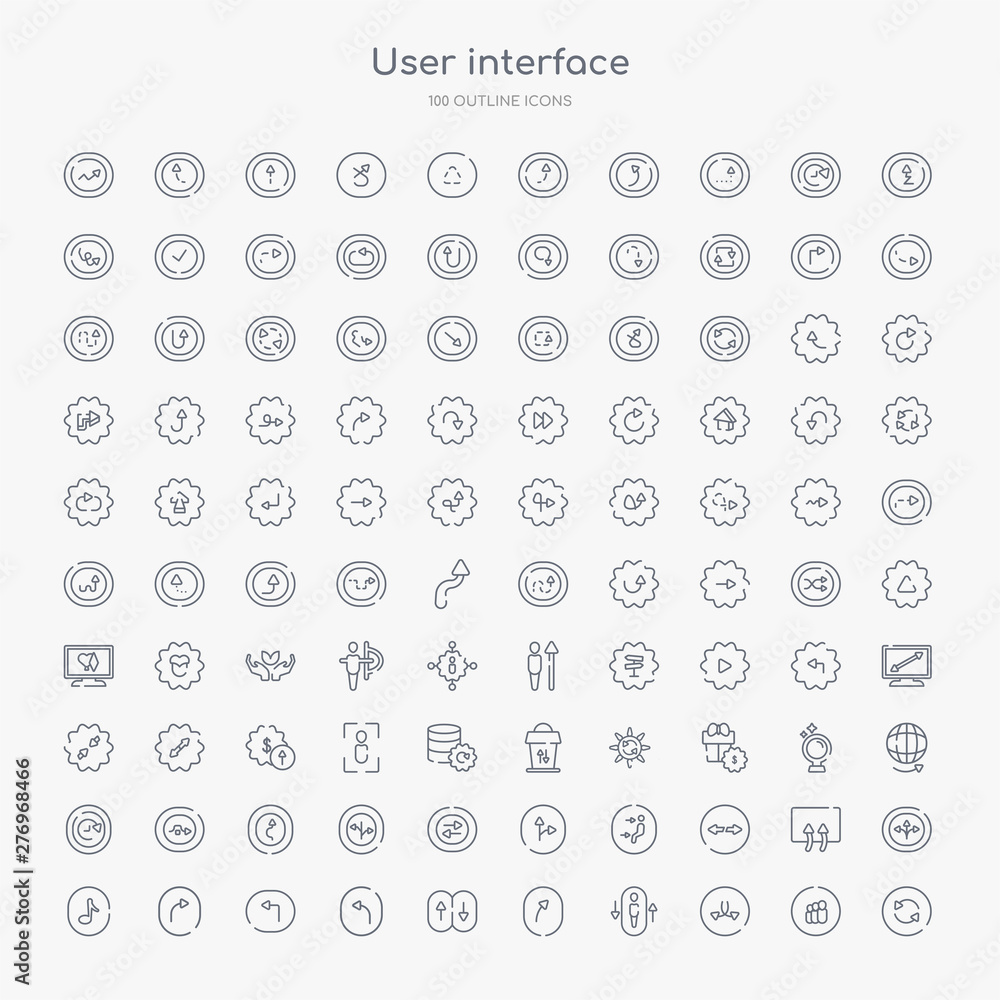 100 user interface outline icons set such as continuous, move content, lift, right curve ...
