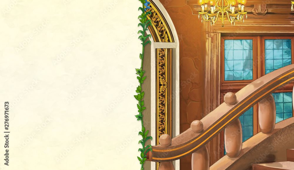 cartoon scene with old traditional castle hall or chamber - with frame ...