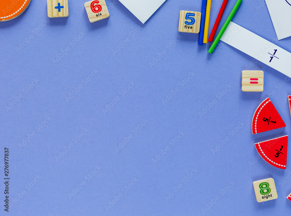 Сolorful math fractions on violet background. Interesting math for kids ...