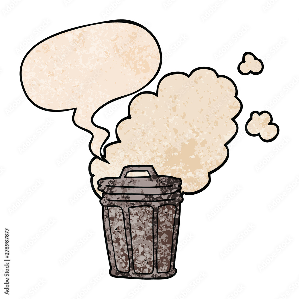 cartoon stinky garbage can and speech bubble in retro texture style ...