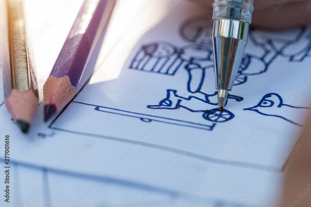 Pre-production for film movie story concept : Hands drawing storyboard ...