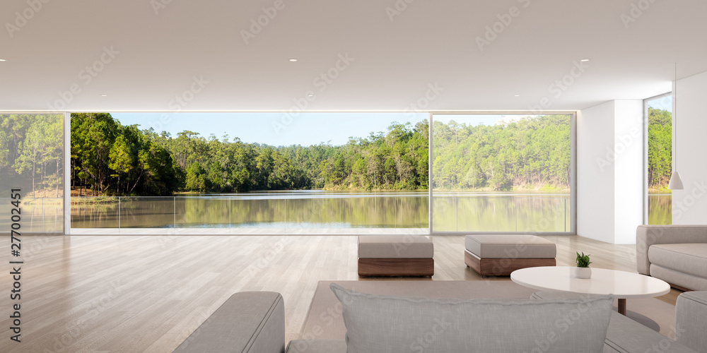 Perspective of modern luxury living room with white sofa and on lake ...