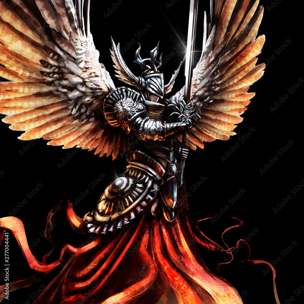 Beautiful angel knight with sword and armor , with huge spread wings ...