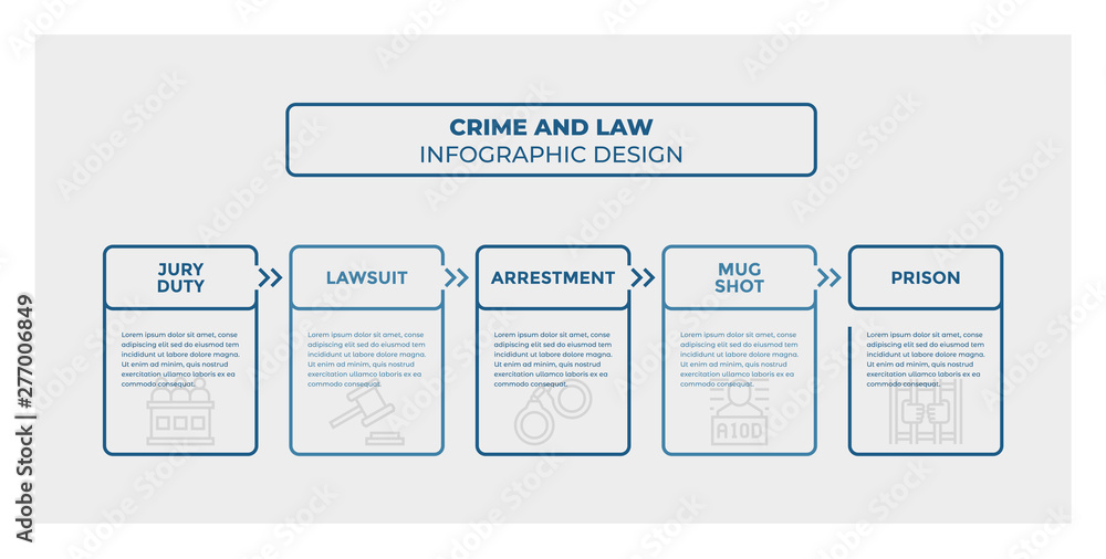 Vetor de Crime And Law infographic design. Timeline with 5 steps ...