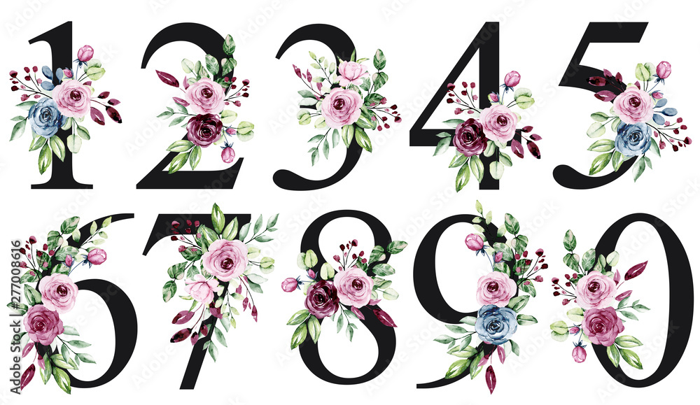 Numbers set with watercolor flowers roses and leaves. Perfectly for ...