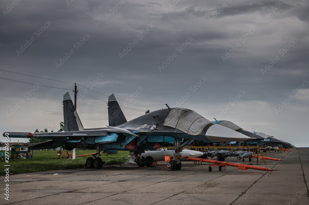 Russian military fighter bomber planes Su-34 at closed airfield Stock ...