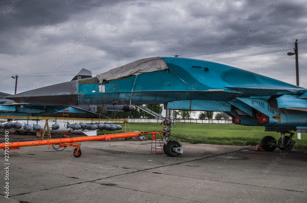 Russian military fighter bomber planes Su-34 at closed airfield Stock ...