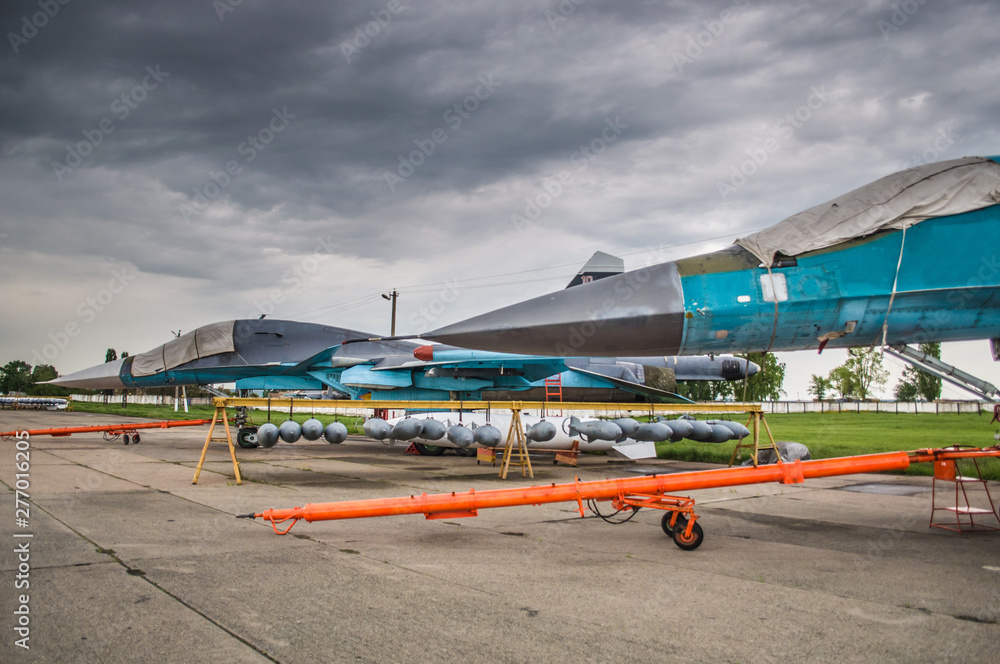 Russian military fighter bomber planes Su-34 at closed airfield Stock ...