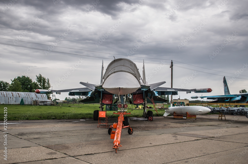 Russian military fighter bomber planes Su-34 at closed airfield Stock ...