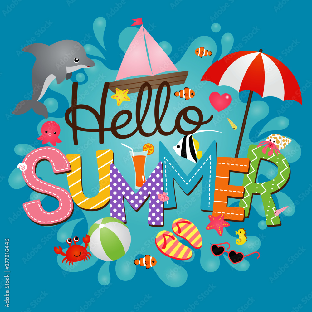 Summer text with cute sea animals on water splash background Stock ...