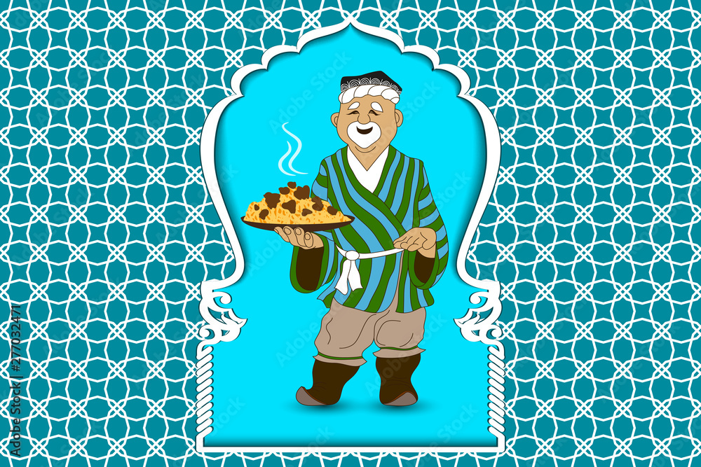 Cartoon vector doodle hand draw an Uzbek man prepares and invites pilaf ...