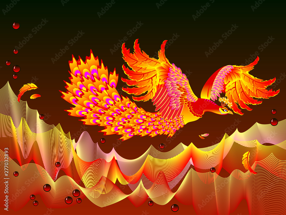 Fantasy illustration of Fire-bird flying between flame waves. Cover for ...