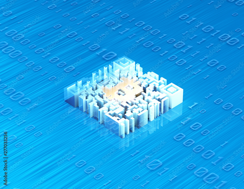 Binary code, network data transmission, information transmission, currency symbol and QR code ...