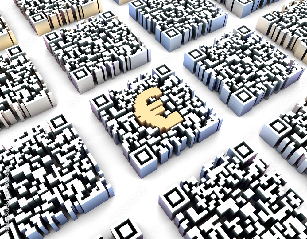 Binary code, network data transmission, information transmission, currency symbol and QR code ...